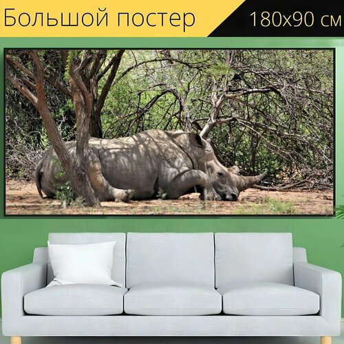 Большой постер "Белый носорог, под, дерево" 180 x 90 см. для интерьера