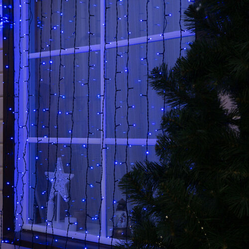 Гирлянда-штора уличная "Занавес", светодиодная электрогирлянда дождь на окна и фасад, праздничный декор на Новый год, украшение для дома и улицы, 2 х 9 м, IP44, УМС, тёмная нить, 1800 LED, свечение синее, 220 В