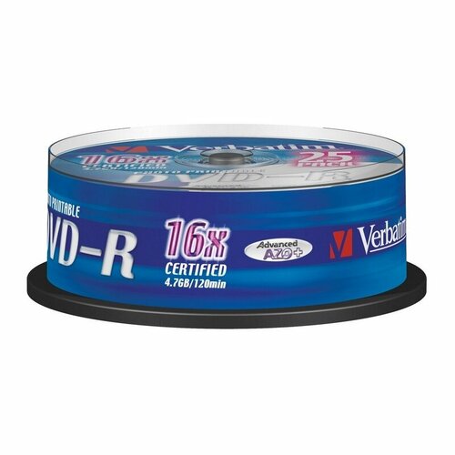 Компакт диск Verbatim DVD-R Printable, скорость записи 16x, Azo Wide, 4,7 гб, 25 шт (43538)