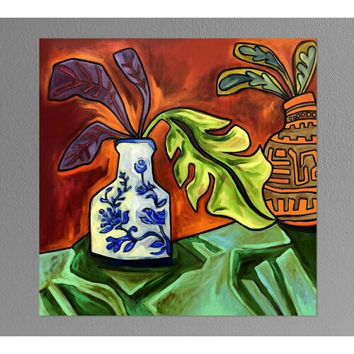 Картина для интерьера "Листья" Элиза Боунер 60х60 см натуральный холст. Коллекция - натюрморт, кубизм, пейзаж, мексиканская живопись.