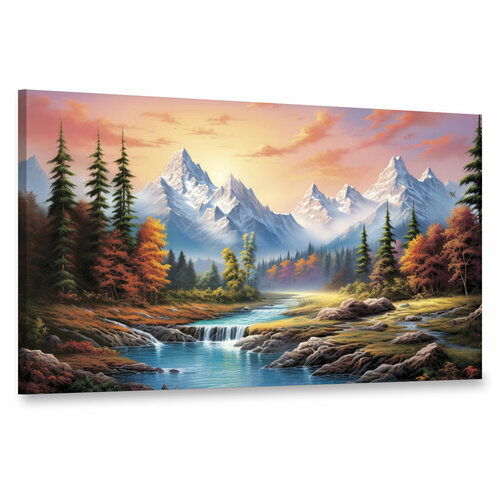 Интерьерная картина 100х60 "Горы и река: гармония элементов"