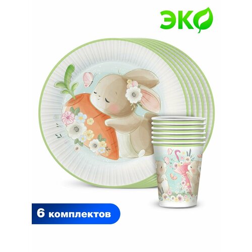 Набор одноразовой бумажной посуды для праздника ND Play / Милые кролики / Символ года 2023г (тарелка 23 см, стакан, по 12 шт.), 306874