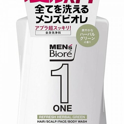 Kao men's biore one all-in-one body cleanser herbal green мыло жидкое для тела, мужское, травяной аромат, 480 мл