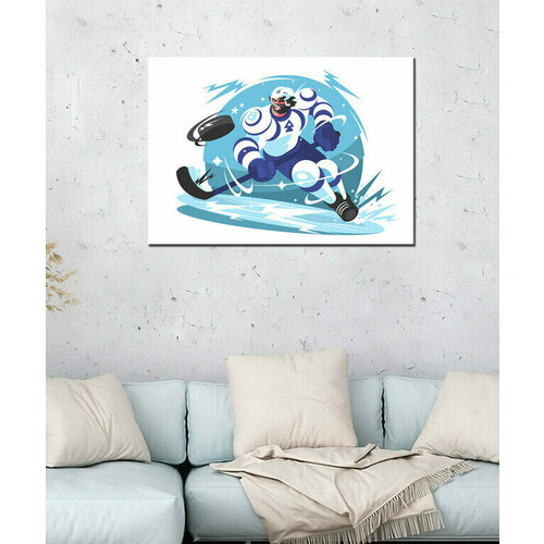 Картина на холсте на стену для интерьера, прихожую, детскую, кухню - Игра в хоккей на льду, клюшка, шайба, игроки хоккеисты (6) 40х60
