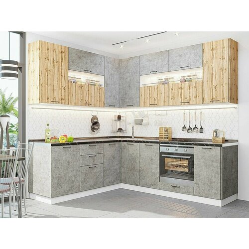 Кухонный гарнитур Флэт Wotan Oak/Temple Stone, 2020/2420 мм