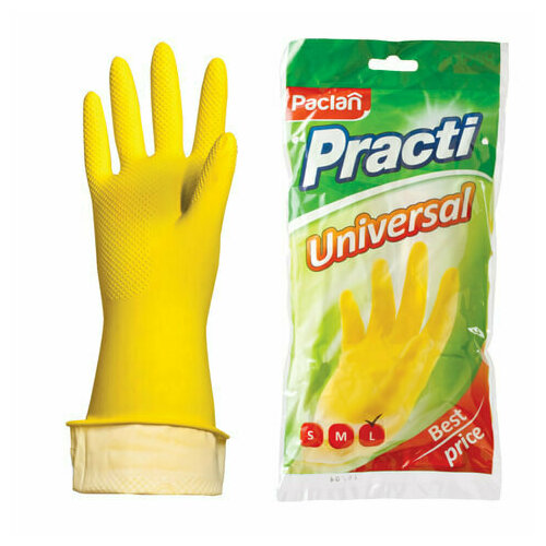 Перчатки хозяйственные Перчатки хозяйственные латексные, х/б напыление, размер L (большой), желтые, PACLAN "Practi Universal" 2 уп.