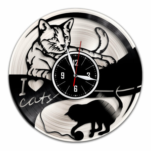 I love cats - настенные часы из виниловой пластинки (с серебряной подложкой)