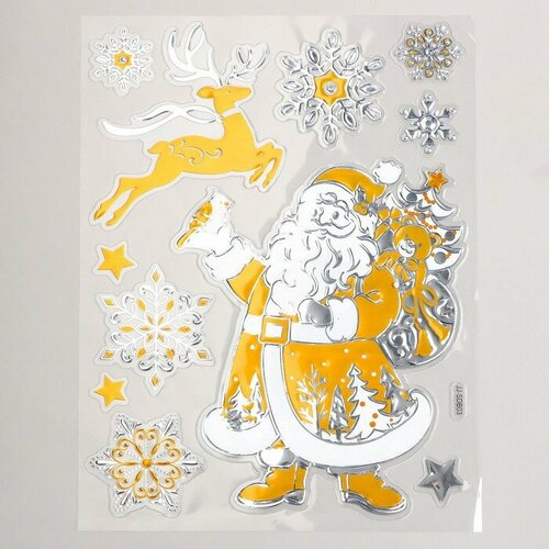 Наклейка пластик "Дед Мороз с подарками и олень" серебристо-золотая 24х33 см .
