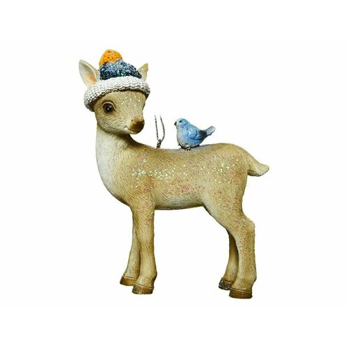 Ёлочная игрушка "оленёнок с птичкой", полистоун, 12.5 см, Kaemingk (Decoris)