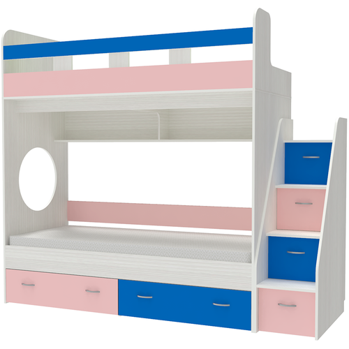 Двухъярусная кровать Юниор 1 90x200 Белое Дерево Голубой/Розовый