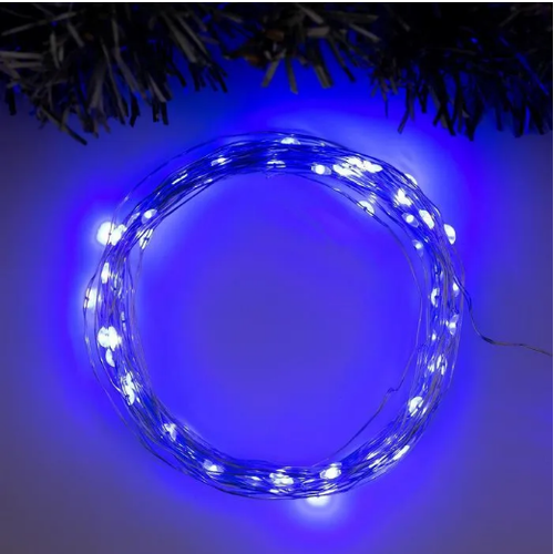 Гирлянда Нить "Роса", 4 м, шнур серебристого цвета, 40 LED синих( мини), на батарейках, сверхъяркий