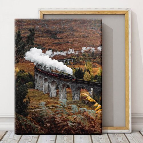 Картина на холсте 50х70 см "Шотландия. Поезд. Акведук", Большая картина для интерьера на стену, на подрамнике