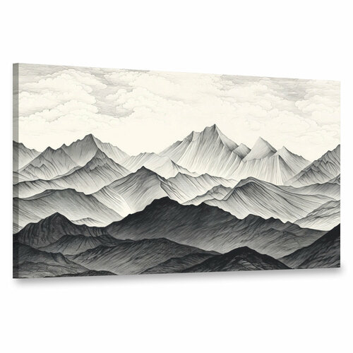 Интерьерная картина 100х60 "Горы в заснеженных вершинах: зимняя идиллия"