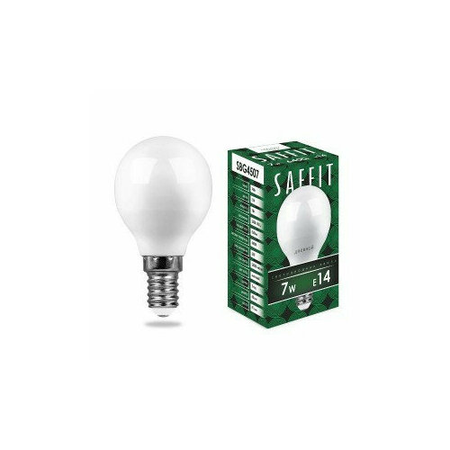 Светодиодная LED лампа Saffit шар G45 E14 7W(560lm) 6400K 6K матовая, пластик 80x45 SBG4509 55123 (упаковка 16 штук)