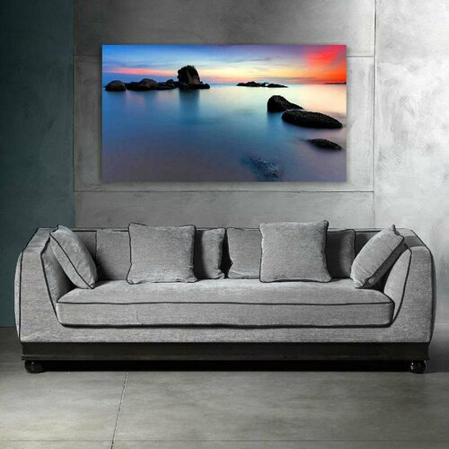 Картина на холсте 60x110 LinxOne "Небо море камни облака закат" интерьерная для дома / на стену / на кухню / с подрамником