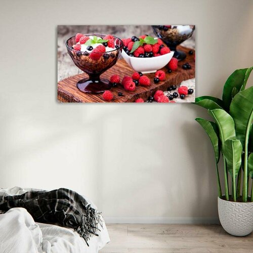 Картина на холсте 60x110 LinxOne "Малина завтрак йогурт" интерьерная для дома / на стену / на кухню / с подрамником