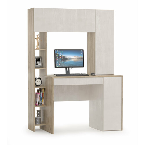 Компьютерный стол письменный для дома с надстройкой с полками 117см дуб крафт серый/шёлковый камень - НЖ1068