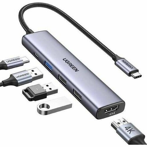 Адаптер UGREEN CM478 (15495) USB-C To HDMI+1xUSB3.0 A+2xUSB2.0 A+PD Power Converter - Silver