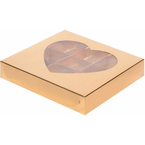 Упаковка для конфет 9 ячеек Золотая с окошком Сердце 15,5х3 см.