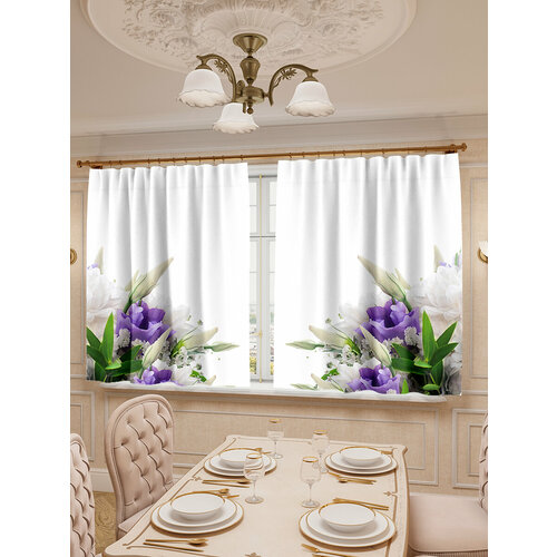 Фотошторы для кухни LeJoy Home из габардина "Фиолетовые, белые цветы и листья на белом фоне" 180х290 см. (2 шт. 145х180 см (каждая).