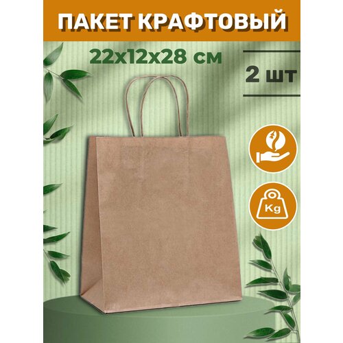 Крафт пакет бумажный с ручками подарочный, крафтовые пакеты для подарков и продуктов, 22х12х28 см, 2 шт