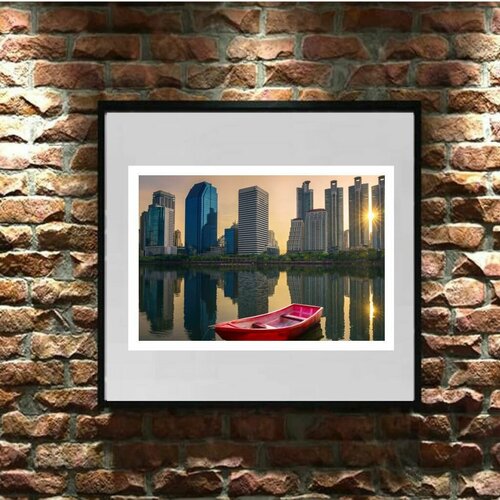 Постер "Красная лодка, река, утро, город" Cool Eshe из коллекции "Города", плакат А4