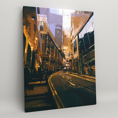 Картина на холсте (интерьерный постер) "Арт - Улицы в современном городском городе - вечером", с деревянным подрамником, размер 30x40 см