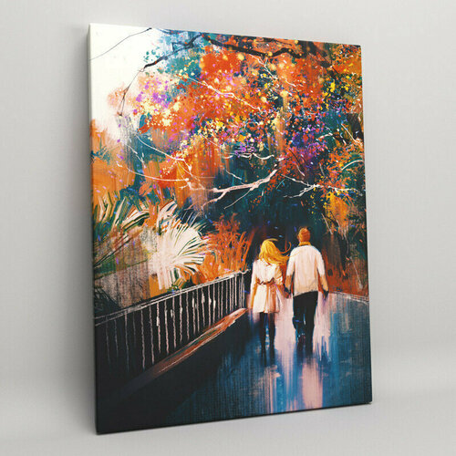 Картина на холсте (интерьерный постер) "Влюбленные на мосту на фоне сада", с деревянным подрамником, размер 30x40 см