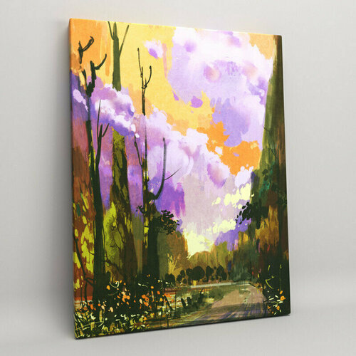 Картина на холсте (интерьерный постер) "фиолетовое небо в лесу", с деревянным подрамником, размер 22x30 см
