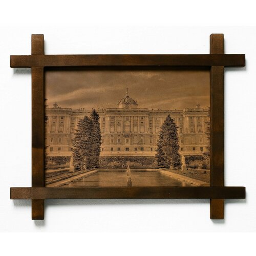 Картина Королевский дворец в Мадриде, Испания, гравировка на натуральной коже в деревянной раме, подарок, BoomGift
