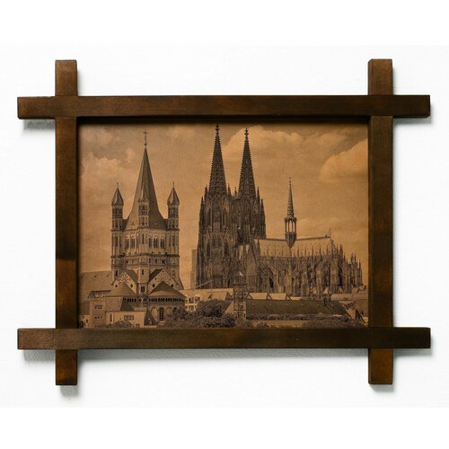 Картина Кёльнский собор, Германия, гравировка на натуральной коже, интерьерная для украшения и декора на стену в деревянной раме, подарок, BoomGift