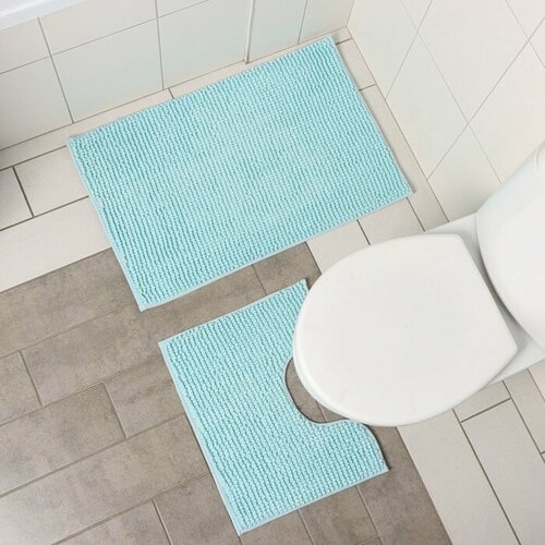 Набор ковриков для ванной и туалета Доляна «Букли», 2 шт, 40×50, 50×80 см, цвет голубой