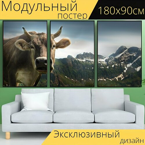 Модульный постер "Корова, эбенальп, альпы" 180 x 90 см. для интерьера