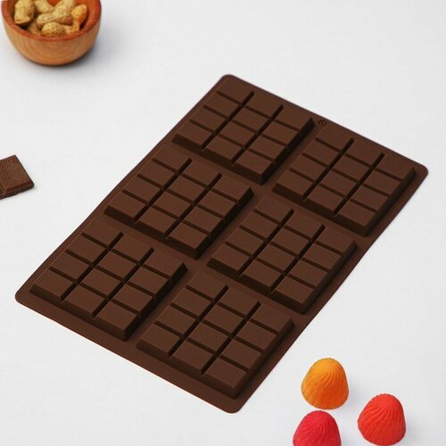 Доляна Форма силиконовая для шоколада Доляна «Плитка», 27,2×17,6×1 см, 6 ячеек (7,5×7,5см) , цвет коричневый