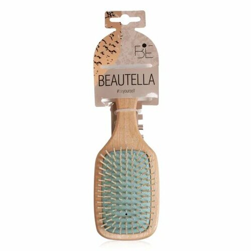 Расческа Beautella деревянная массажная прямоугольная с пластиковыми зубчиками, цветная подушечка