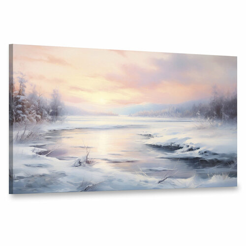 Интерьерная картина 100х60 "Пейзаж с замерзшим озером и снежными сугробами"
