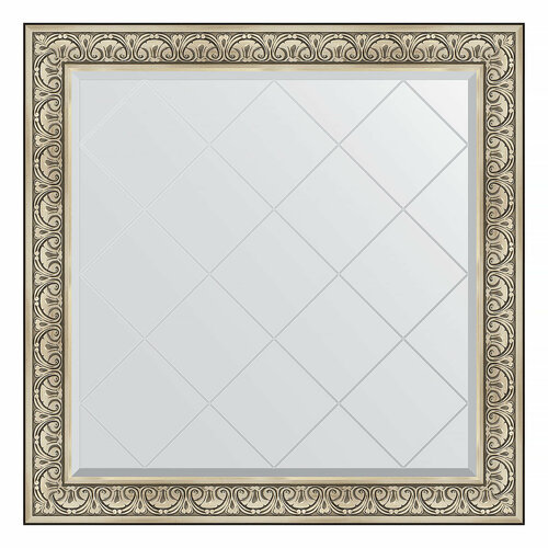Зеркало настенное с гравировкой EVOFORM в багетной раме барокко серебро, 110х110 см, для гостиной, прихожей, спальни и ванной комнаты, BY 4467