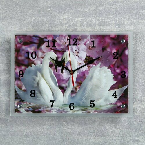 Часы-картина настенные, серия: Животный мир, "Два лебедя, сиреневые цветы", 25х35 см (комплект из 2 шт)