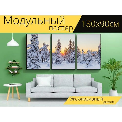 Модульный постер "Зима, хвойные породы, заход солнца" 180 x 90 см. для интерьера