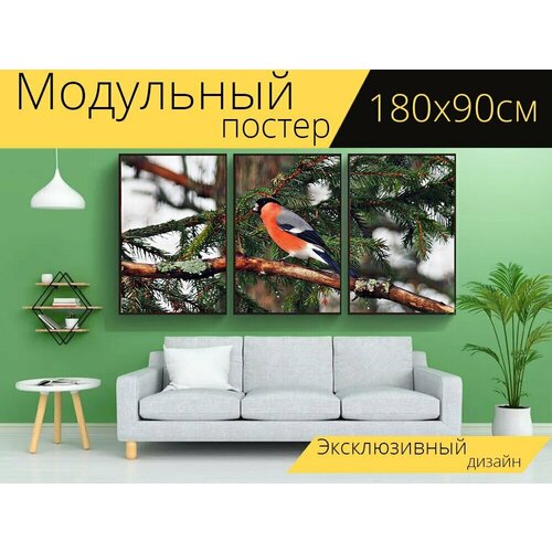 Модульный постер "Птица, красный, снегирь" 180 x 90 см. для интерьера