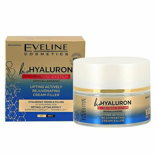 Eveline Cosmetics Омолаживающий крем-филлер Biohyaluron 3 x retinol System, 50+, против морщин, дневной ночной, 50 мл