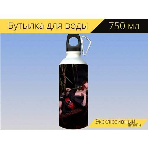 Бутылка фляга для воды "Роза, девушка, женщина" 750 мл. с карабином и принтом