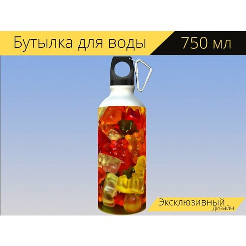 Бутылка фляга для воды "Gummybears, конфеты, сладости" 750 мл. с карабином и принтом