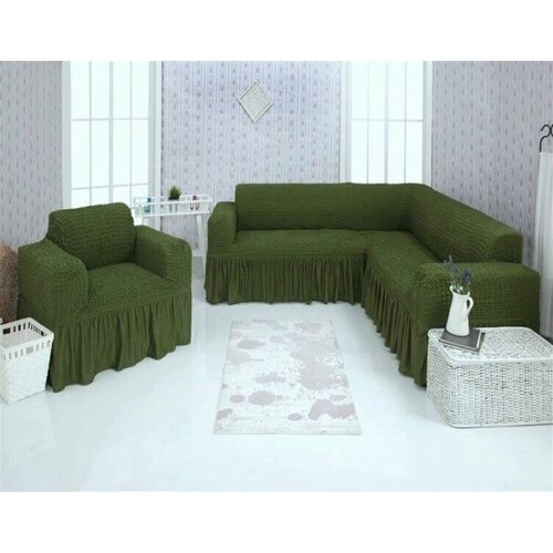 «ЧК17222» Комплект чехлов с оборкой, на угловой диван и кресло, зелёный