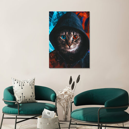 Интерьерная картина на холсте - Кот в капюшоне с красным и синим глазами 50х70