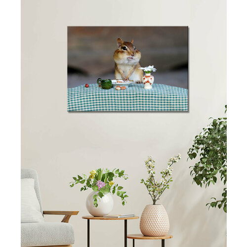 Картина - Бурундук, бурундучок, полосатый бурундук с кружечкой, милый бурундук (54) 30х40