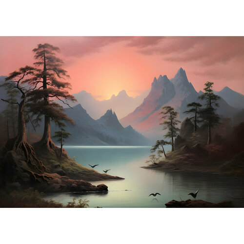 Постер - "Пейзаж с горами и озером при рассвете"на самоклеющейся / А2 / в тубусе без рамы