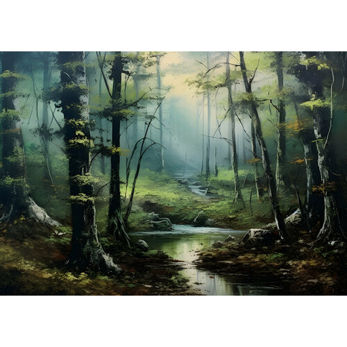 Постер - "Пейзаж с лесом в стиле пейзажной живописи"на фотобумаге / А4 / в тубусе без рамы