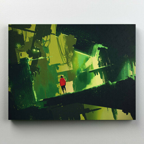 Интерьерная картина на холсте "Парень стоит на мосту в футуристическом городе в зеленом цвете" размер 40x30 см