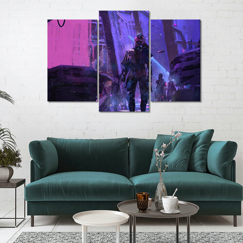 Модульная картина/Модульная картина на холсте в подарок/Purple neon cyberpunk/Фиолетовый неоновый киберпанк 120х80